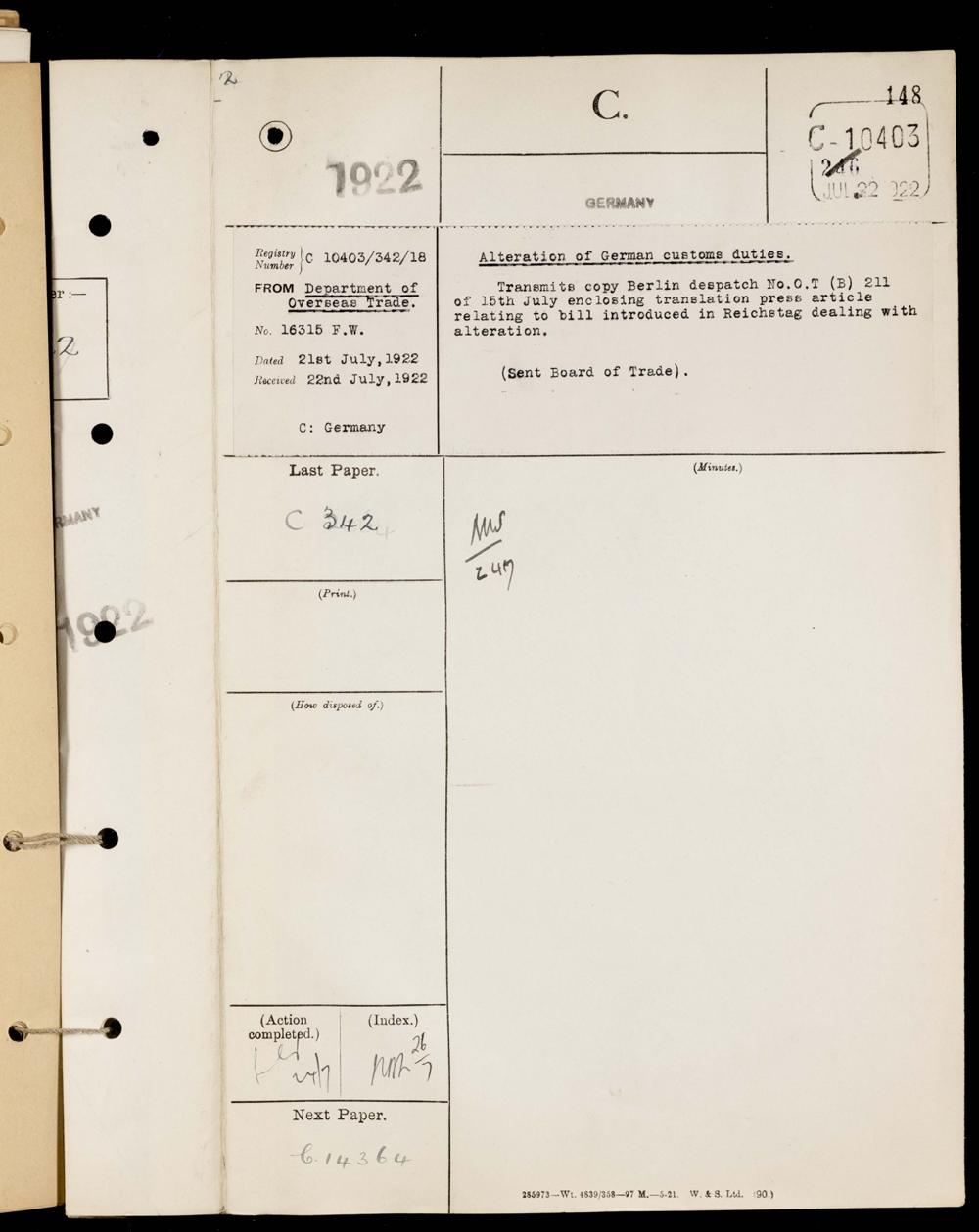Alteration of German customs duties | History Commons