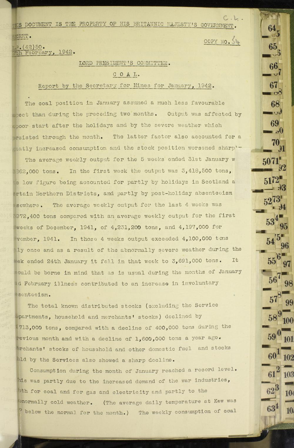 COAL. Report by Secretary for Mines for January, 1942. | History Commons