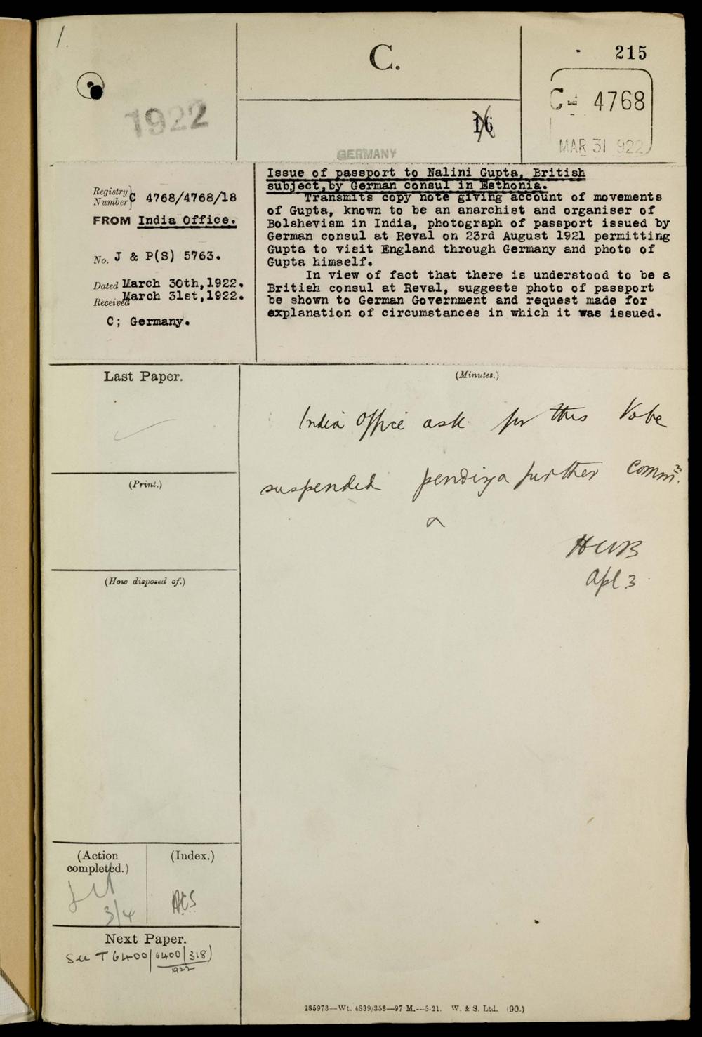 Issue of passport to Nalini Gupta, British subject, by German Consul in ...