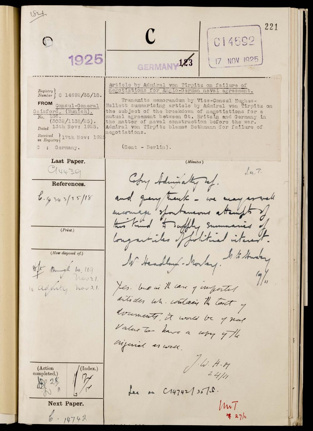 Article by Admiral von Tirpitz on failure of negotiations for Anglo ...